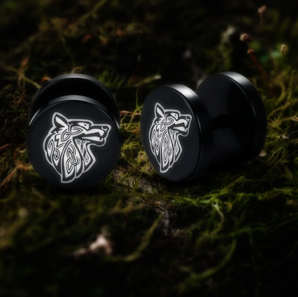 Viking Earrings with Norse Fenrir Wolf Symbol - Black Studs - Vikings Roar