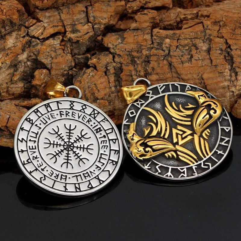 Gold Trimmed Raven Necklace with Valknut Symbol - Vikings Roar