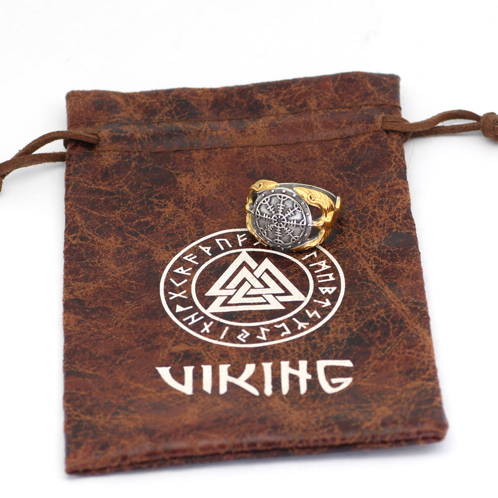 Golden Raven Holding Vegvisir Ring - Vikings Roar